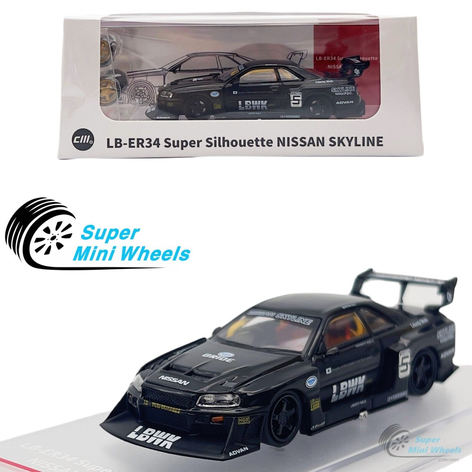 CM-Model 1:64 LB-ER34 Super Silhouette Nissan #5 (Black) with extra wh – Super Mini Wheels