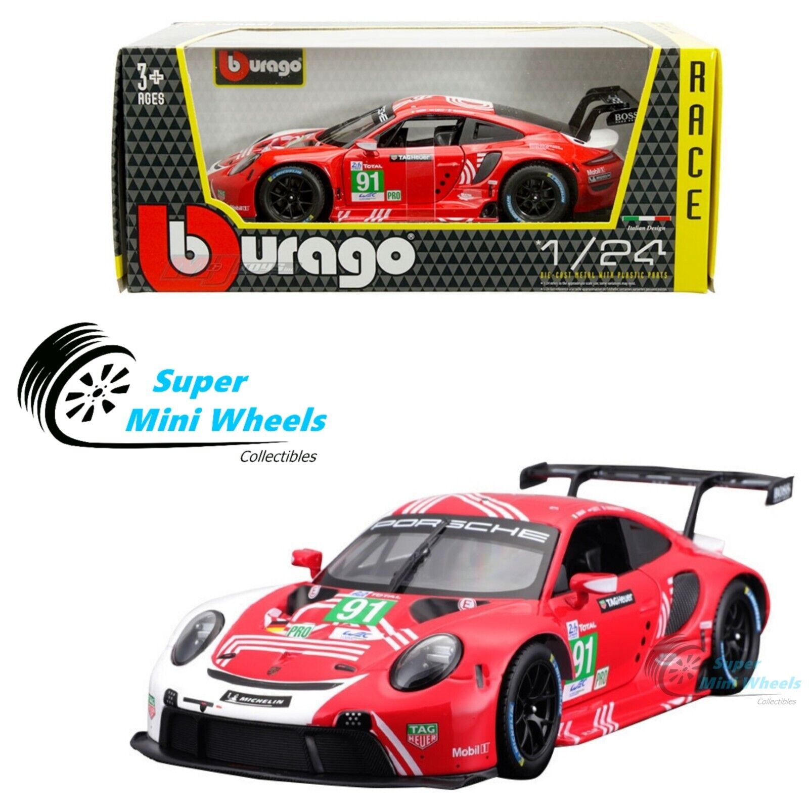 Bburago 1:24 Porsche 911 RSR LM 2020 (Red and White Two-tone) – Race S ...