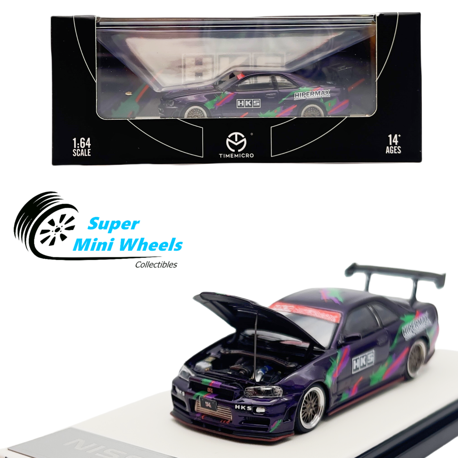 Time Micro 1:64 Nissan GTR R34 HKS Purple - Diecast Model – Super Mini ...