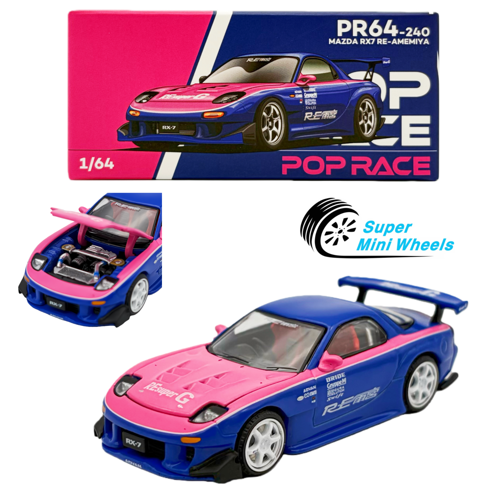 Pop Race 1:64 Mazda RX7 RE-Amemiya Blue/Pink #240 – Super Mini Wheels