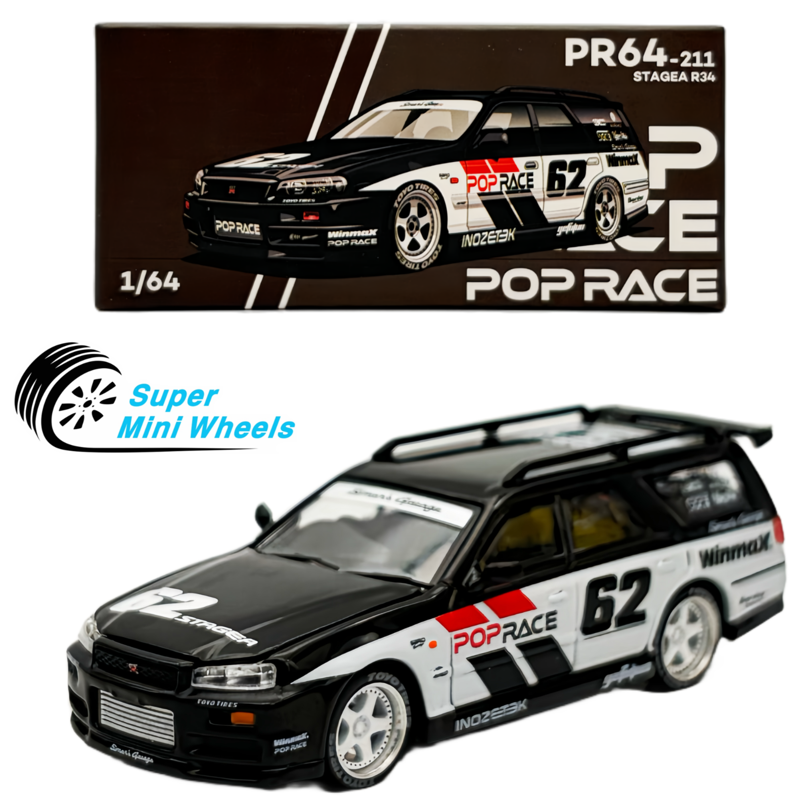 Pop Race 1:64 Nissan Stagea R34 Black #211 – Super Mini Wheels