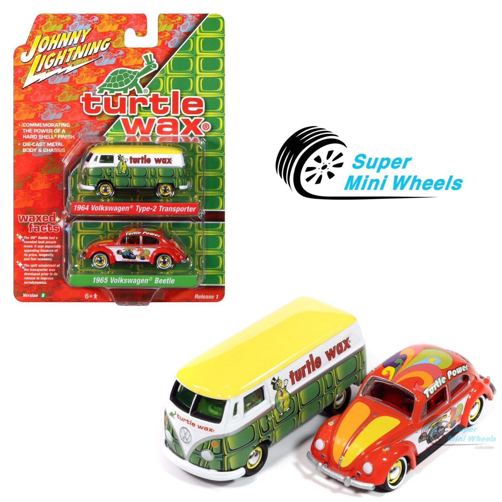 Johnny Lightning 1:64 2 Pack Turtle Wax 1964 VW T2 Green & 1965 VW Bee ...