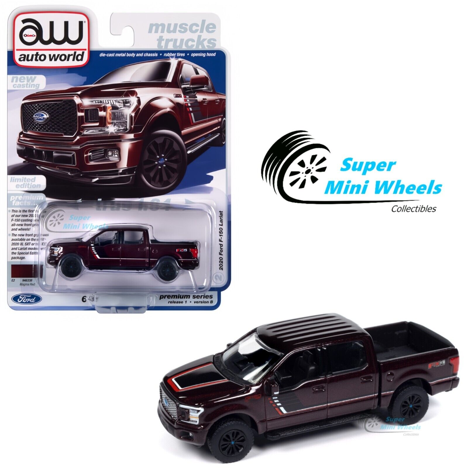 Auto World 1:64 2020 Ford F-150 Truck Magma Red – Super Mini Wheels
