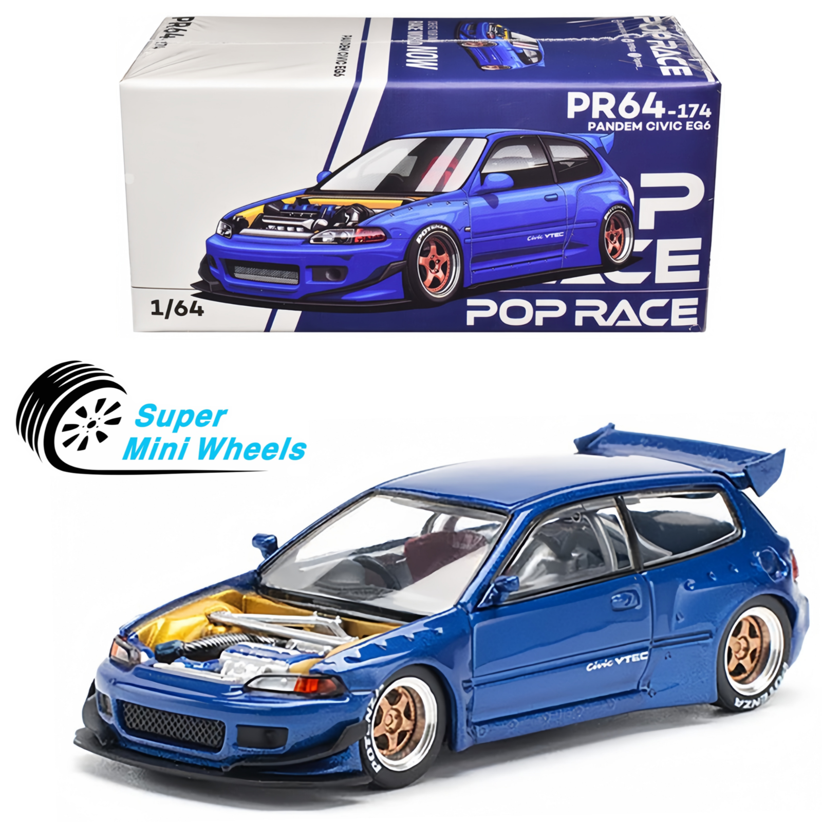 Pop Race 1:64 Pandem Civic EG6 VTEC RHD Blue Metallic with No Hood #17 ...
