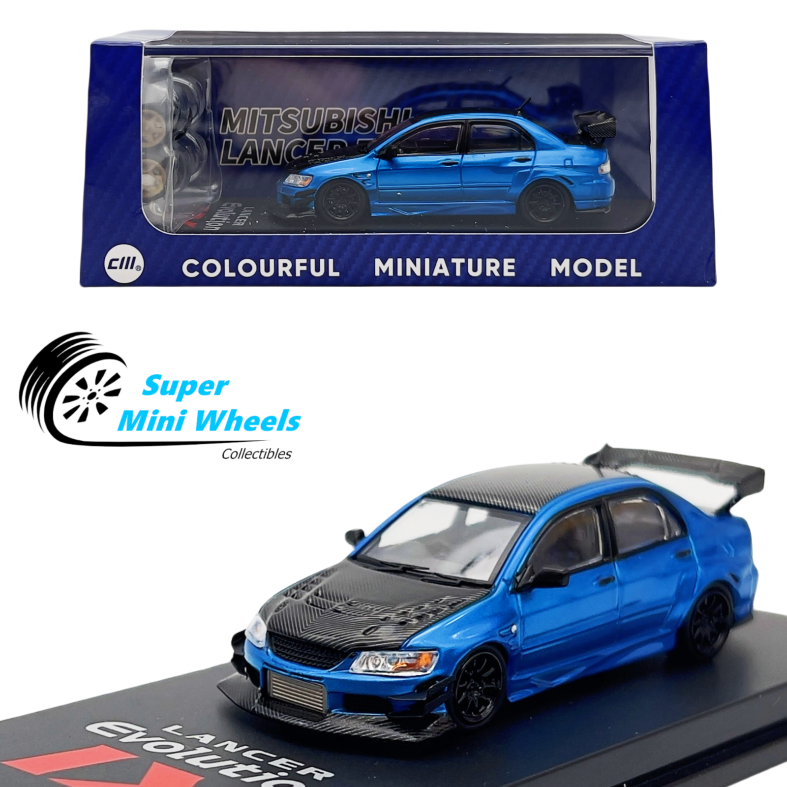 CM-Model 1:64 Mitsubishi Lancer Evolution IX Blue/Black with extra whe ...
