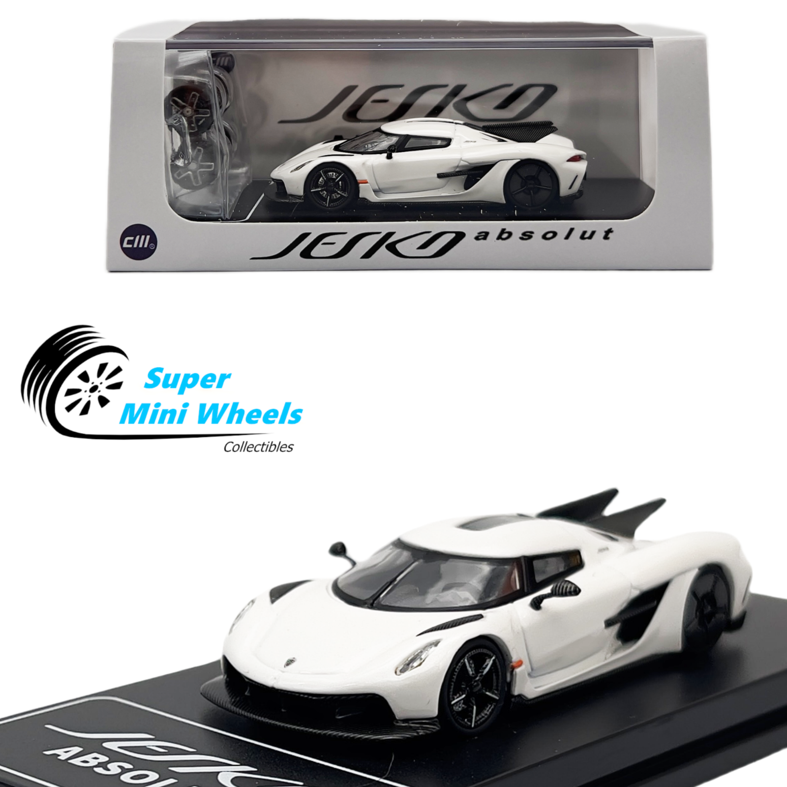 CM Model 1:64 Jesko Absolut White with extra wheels – Super Mini Wheels