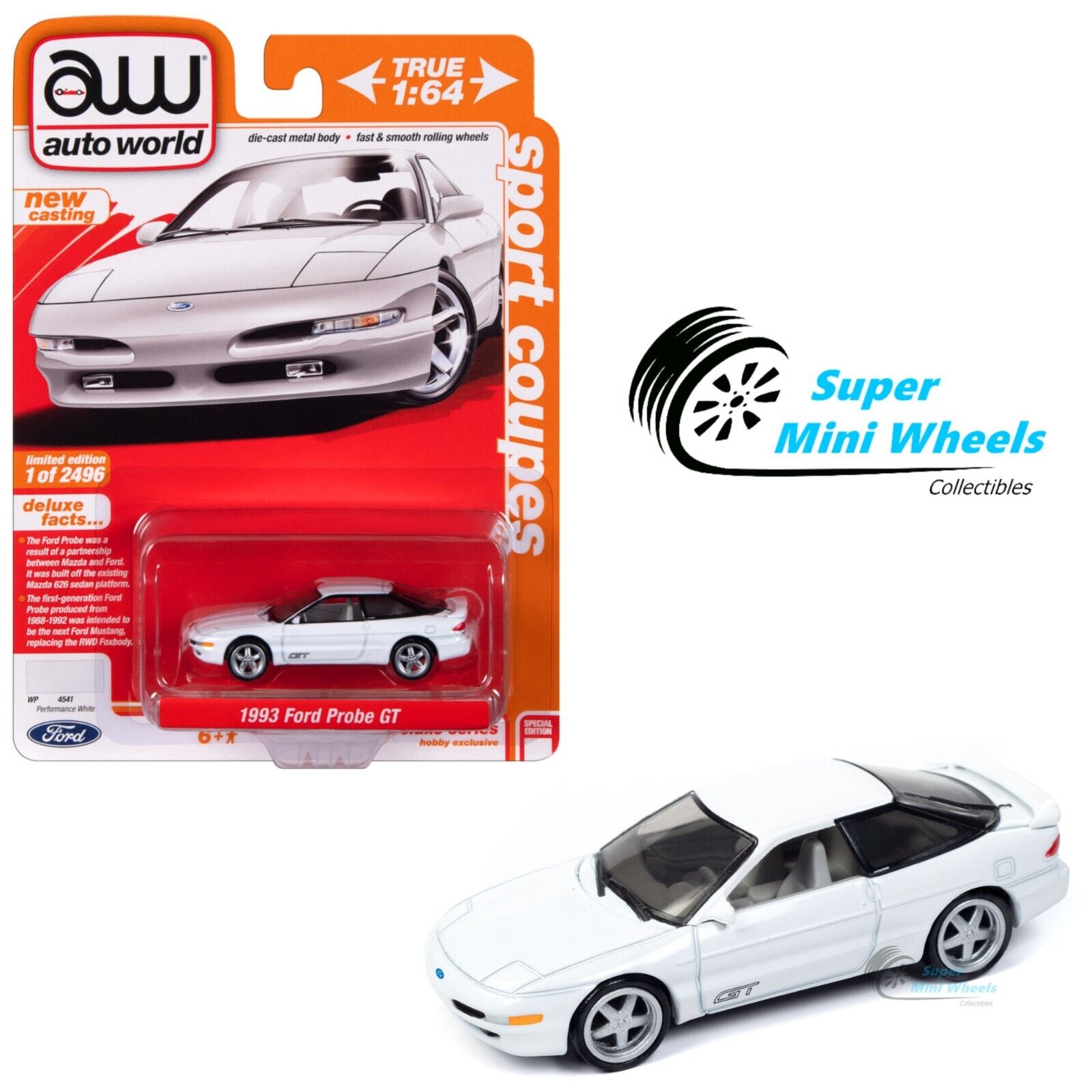 Auto World 1:64 Deluxe 1993 Ford Probe GT White – Super Mini Wheels