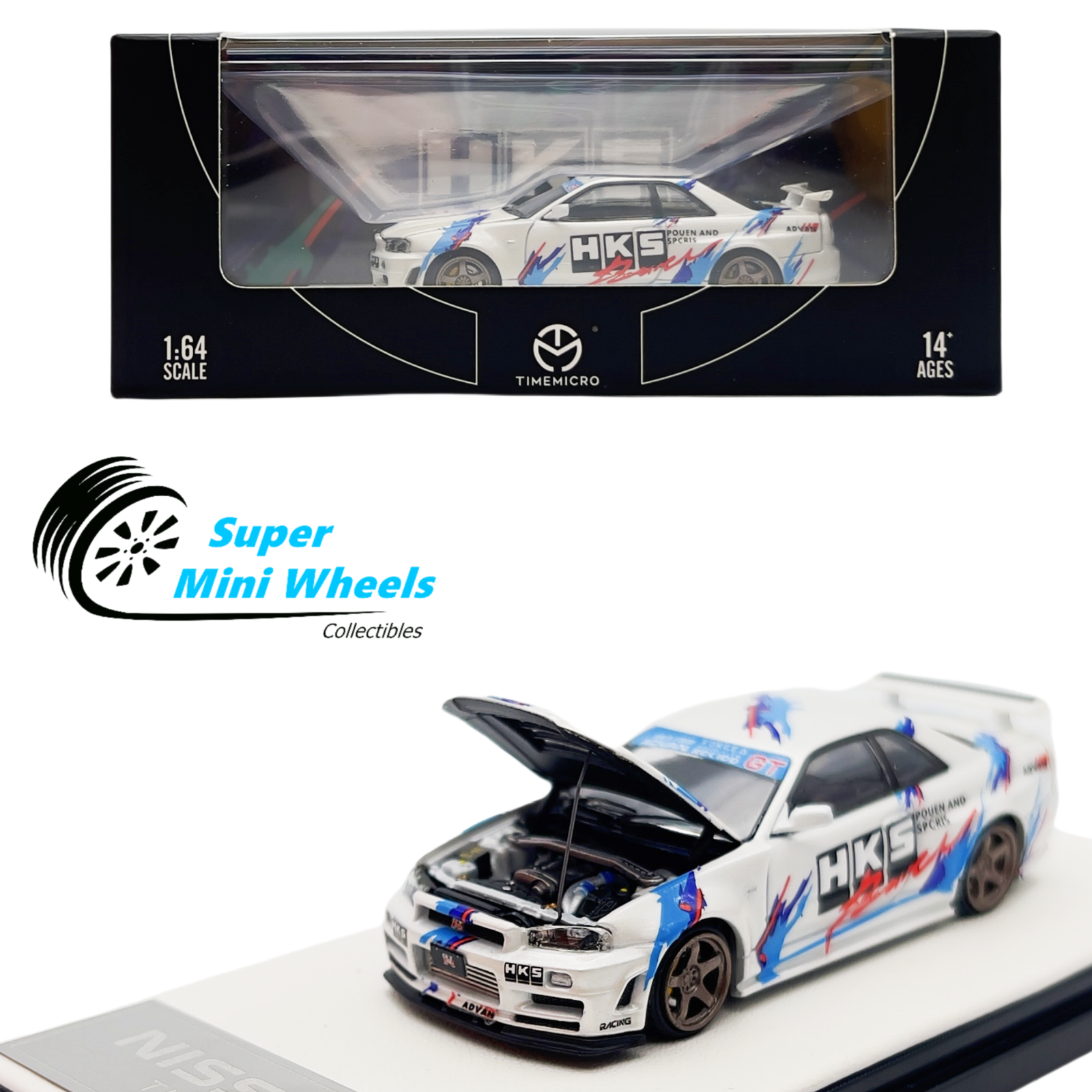 Time Micro 1:64 Nissan GTR R34 HKS White - Diecast Model – Super Mini ...