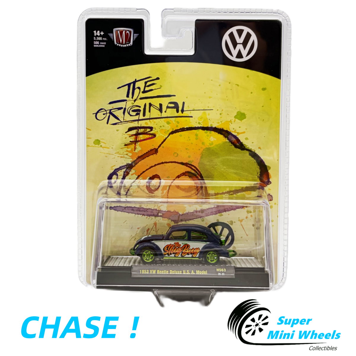 CHASE ! M2 Machines 1:64 1953 Volkswagen Beetle Deluxe ” The Slug Bug” – Super Mini Wheels