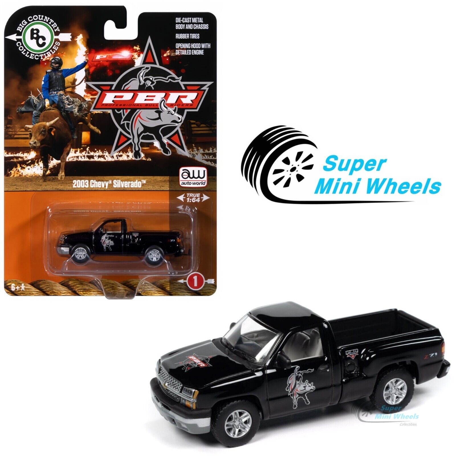 Auto World 1:64 2003 Chevy Silverado PBR - Black - Big Country – Super ...