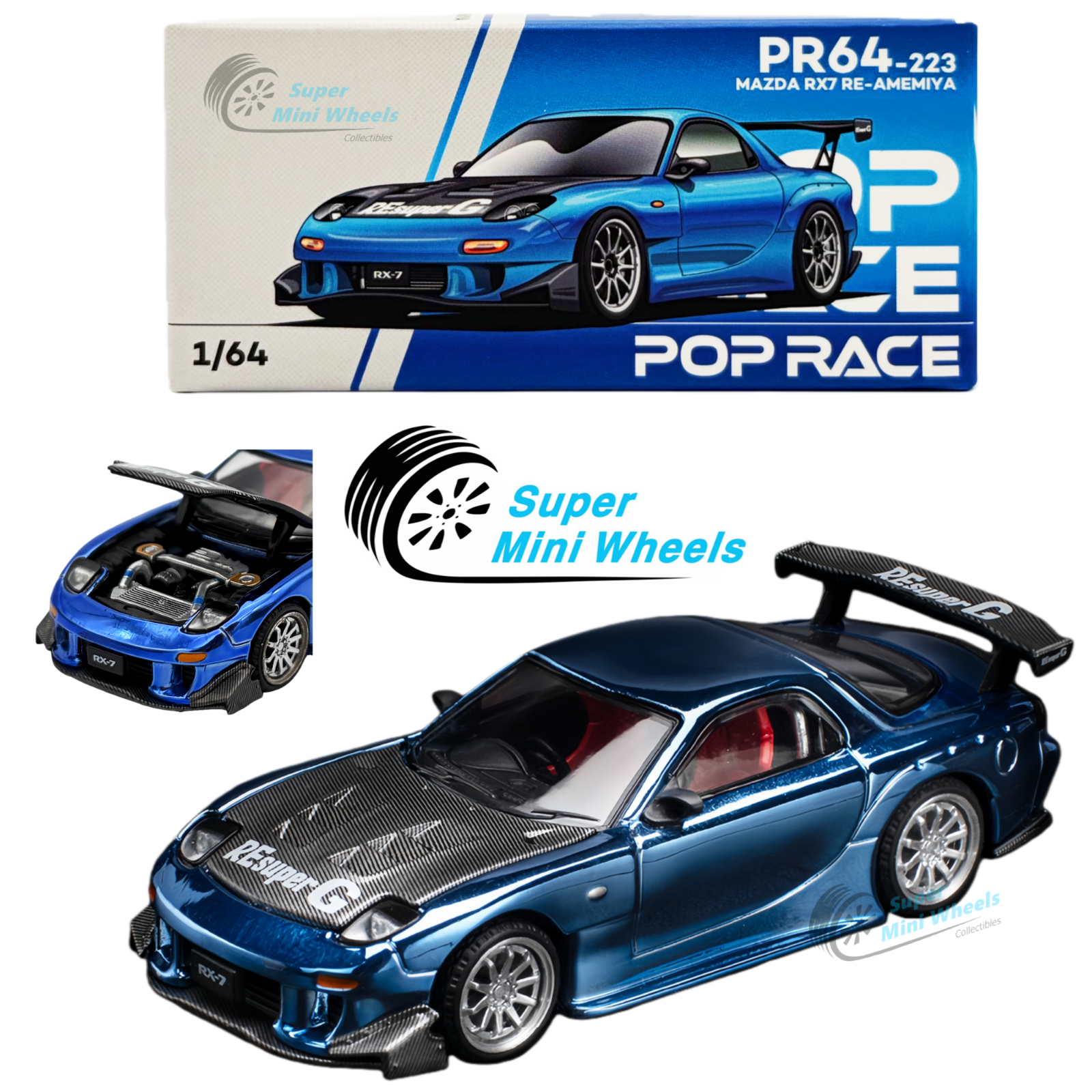 Pop Race 1:64 Mazda RX7 RE-Amemiya Widebody Chrome Blue - #223 – Super ...