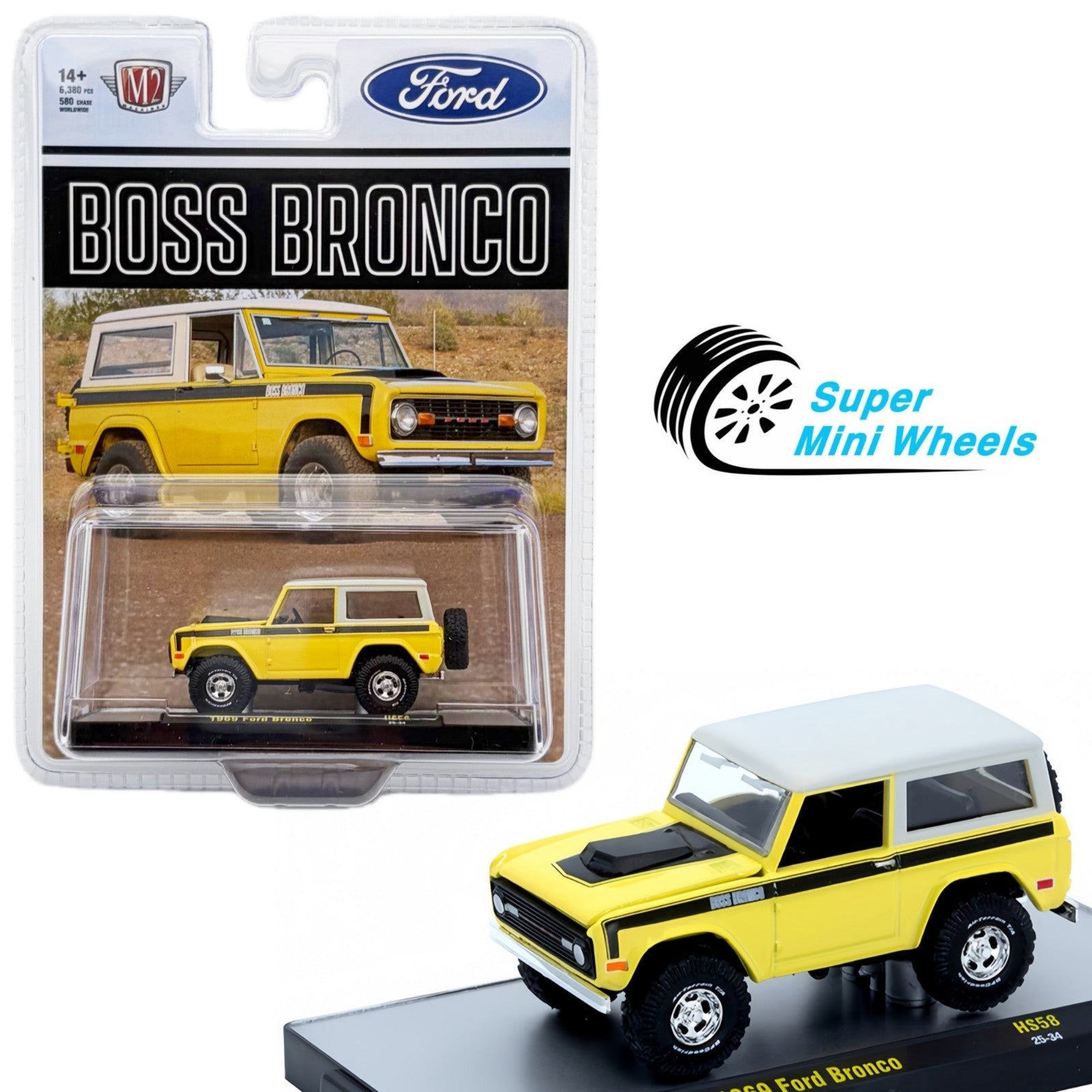 M2 Machines 1:64 1969 Ford Bronco ” BOSS ” Beige with White Top Two-To ...