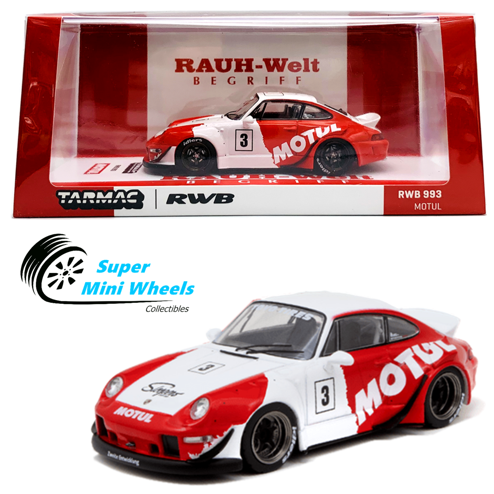 Tarmac Works 1:43 RWB Porsche 993 Motul #3 (Red/White) – Super Mini Wheels