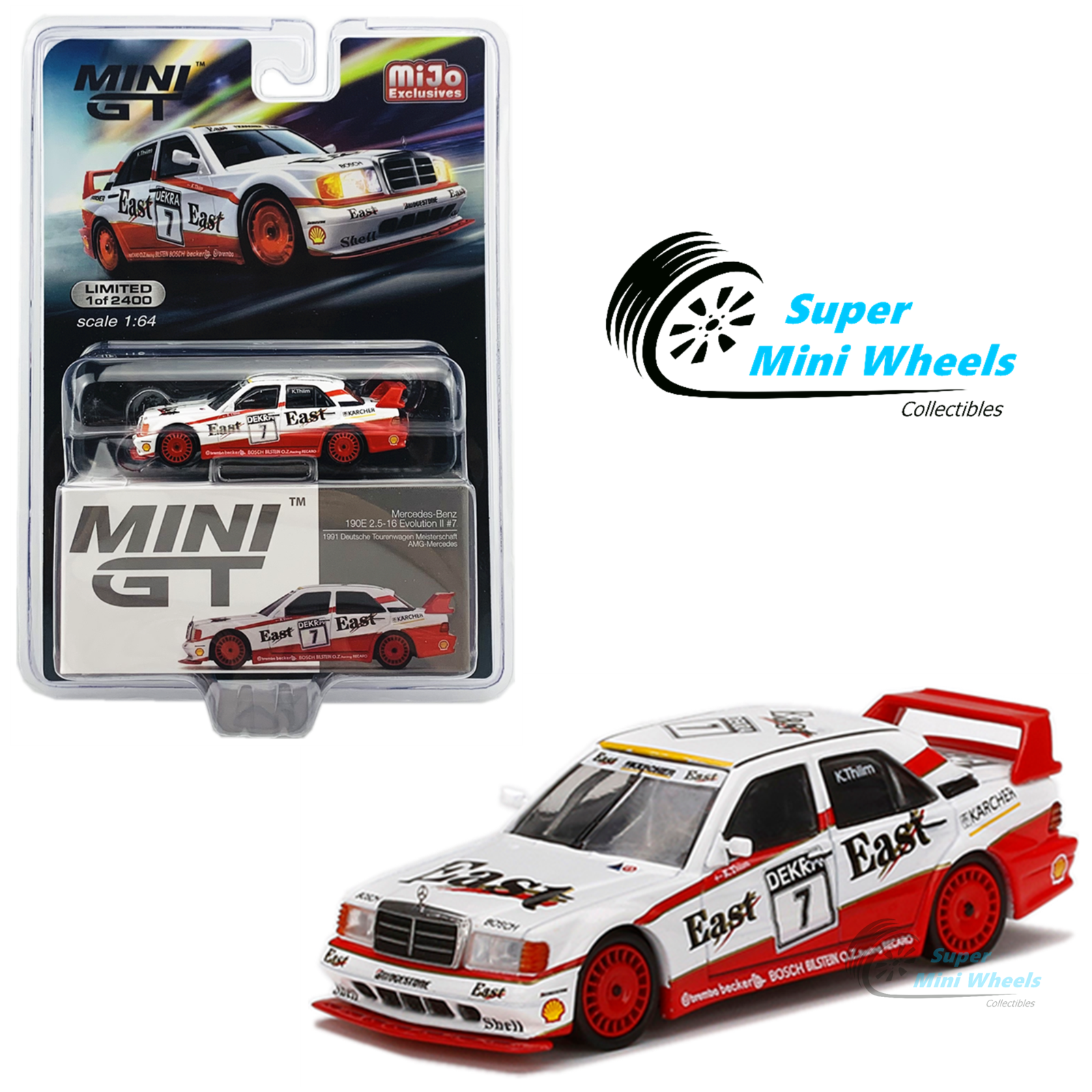 Mini GT 1:64 Mercedes-Benz 190E 2.5-16 Evolution II #7 "East" (White/R ...