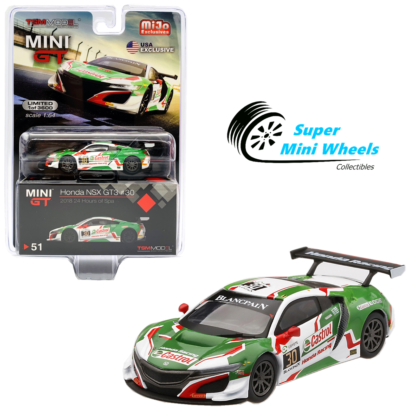 Mini GT 1:64 Honda NSX GT3 #30 24HR SPA Castrol (Green/White) #51 ...