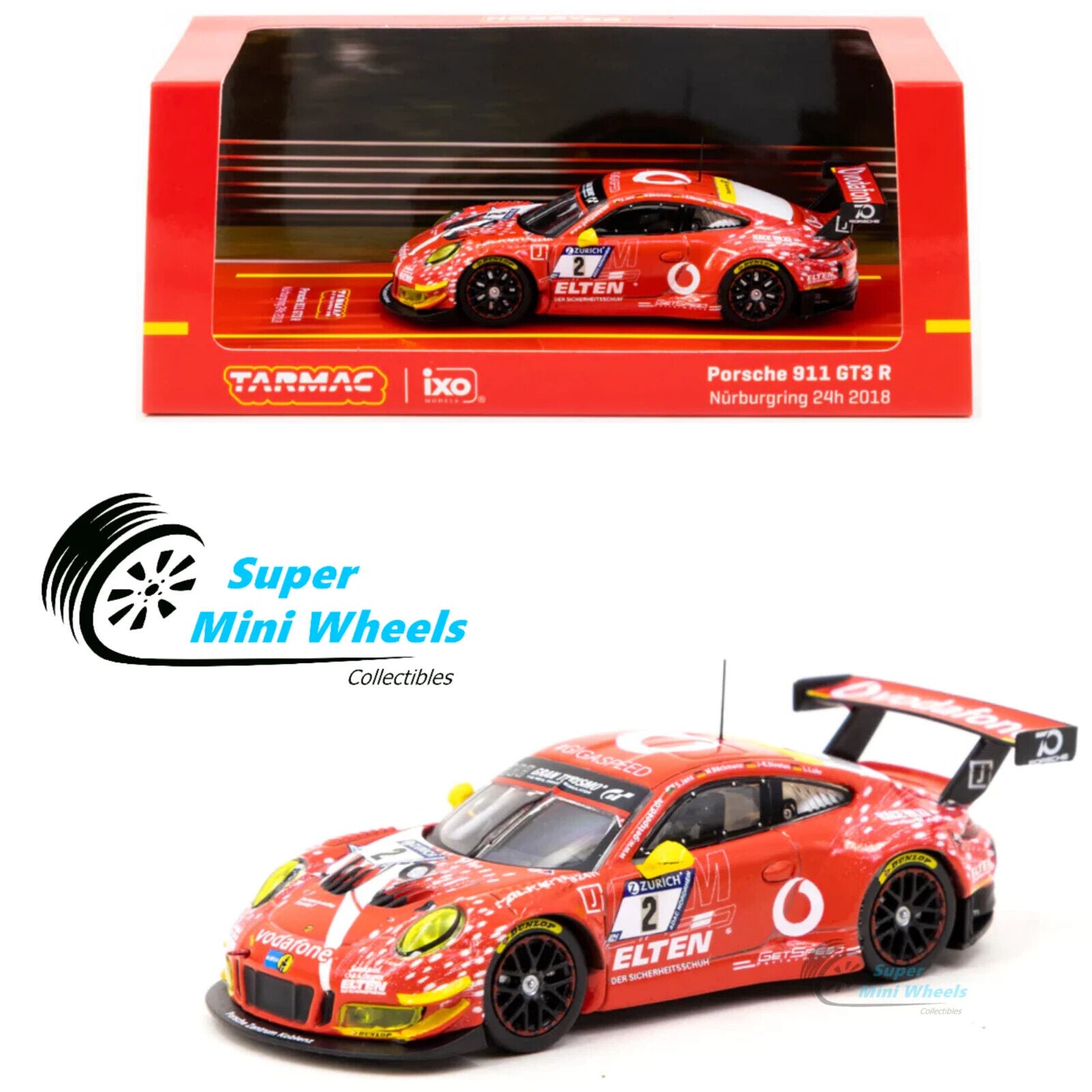 Tarmac Works x iXO 1:64 Porsche 911 GT3 R Nürburgring 24h 2018 #2 (Red ...