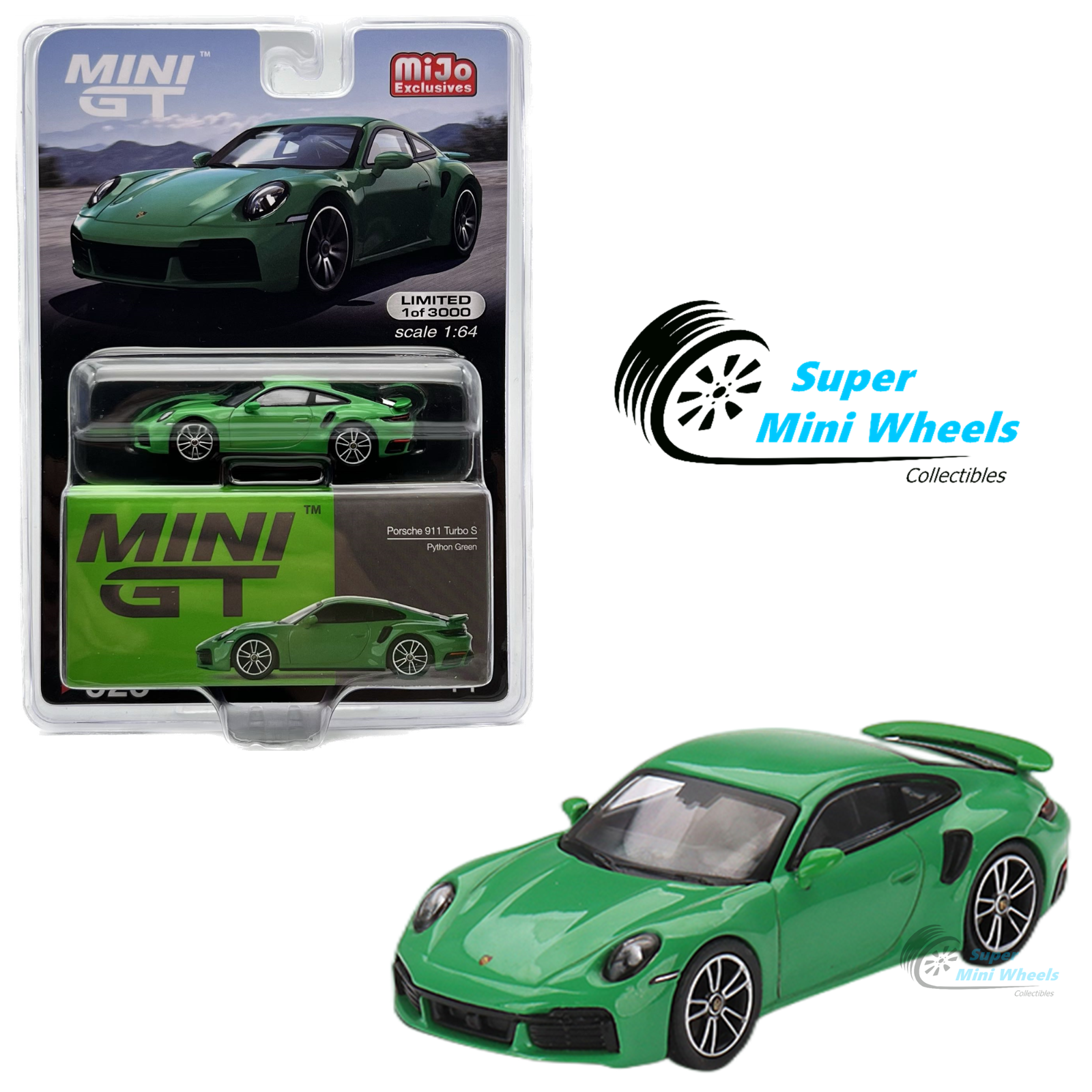 Mini GT 1:64 Porsche 911 Turbo S Python Green #525 – Super Mini Wheels