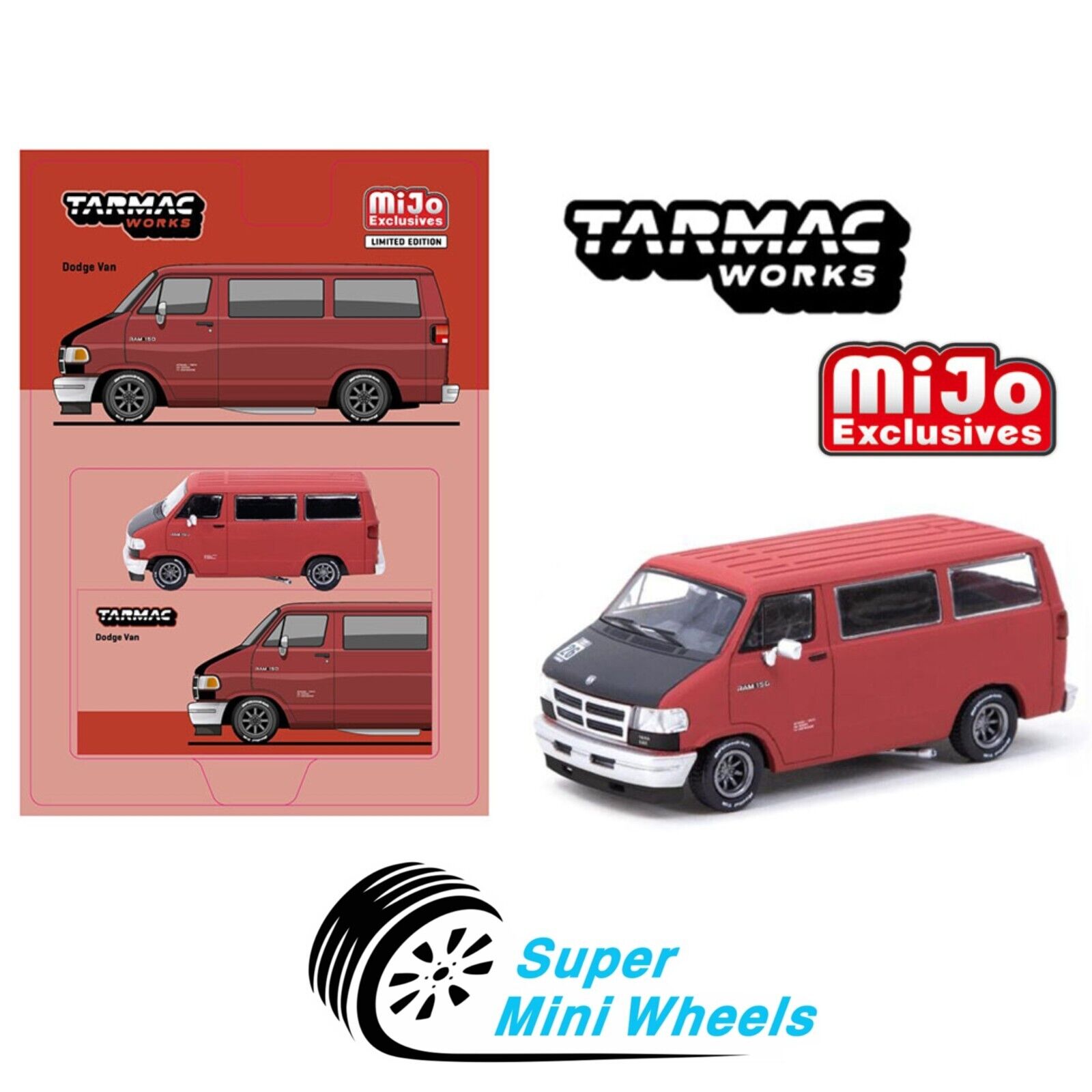 Tarmac Works 1:64 Dodge Van – Red – MiJo Exclusives – Super Mini Wheels