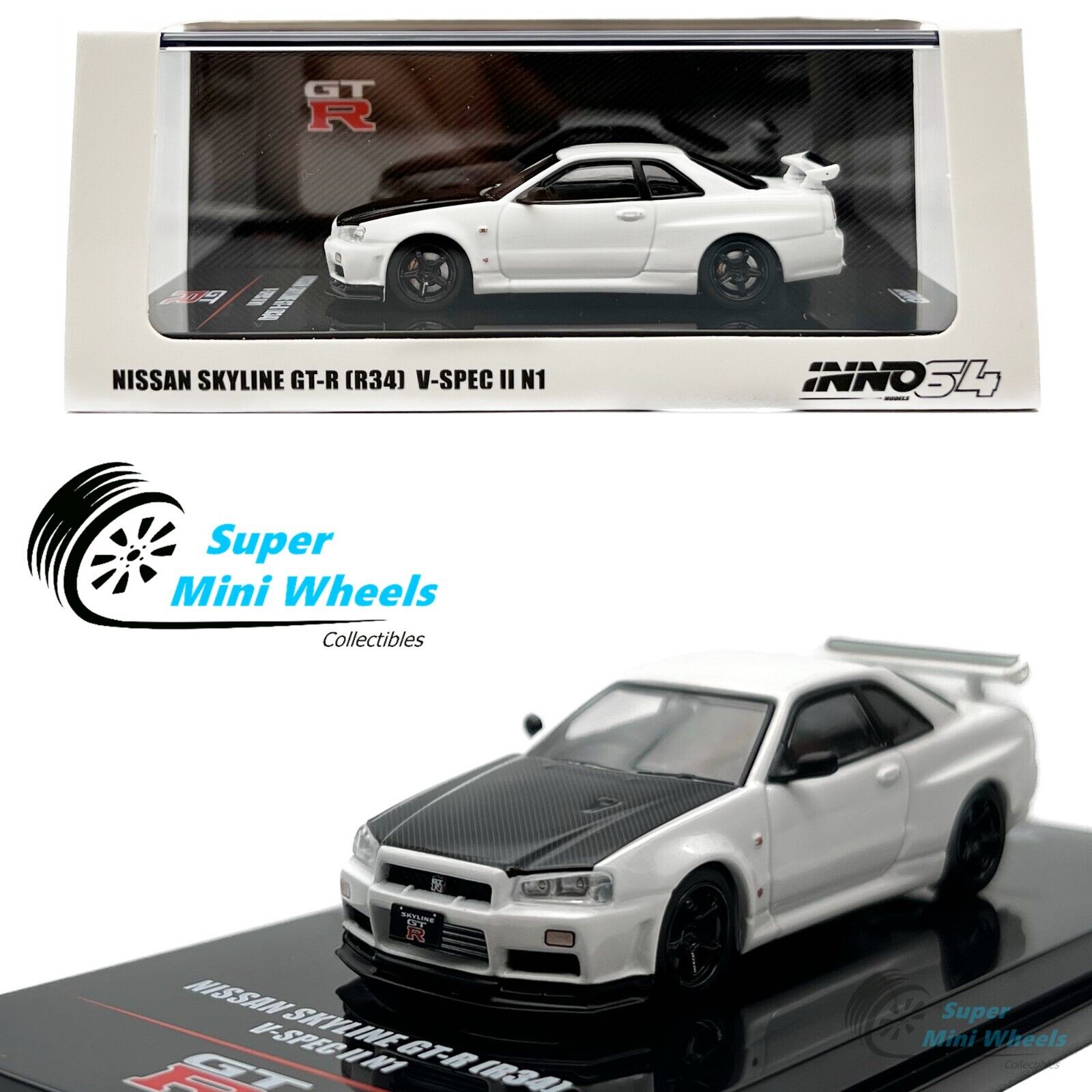 INNO64 1:64 Nissan Skyline GT-R R34 V-Spec II N1 (White with Carbon Ho – Super Mini Wheels