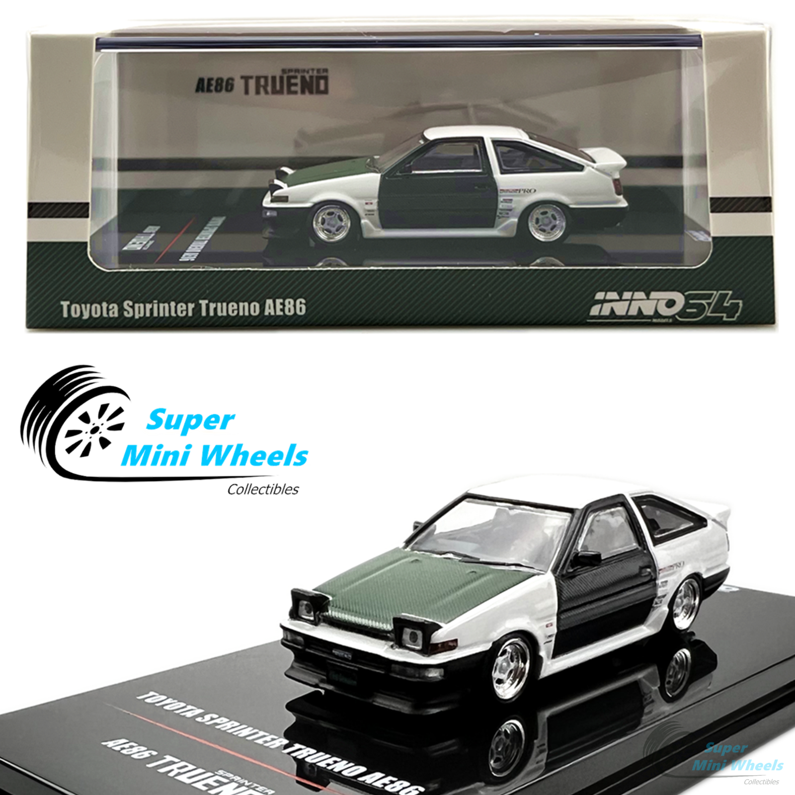 INNO64 1:64 Toyota Sprinter Trueno AE86 (White/Green) – Super Mini Wheels